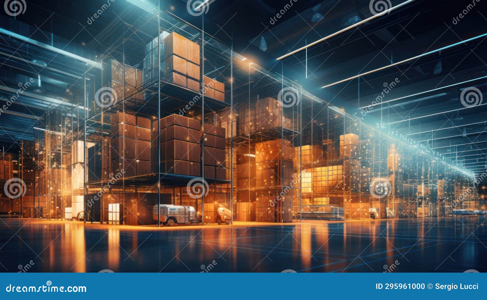 Futuristic Warehouse. Wires and Rows of Boxes. Modern Technology ...