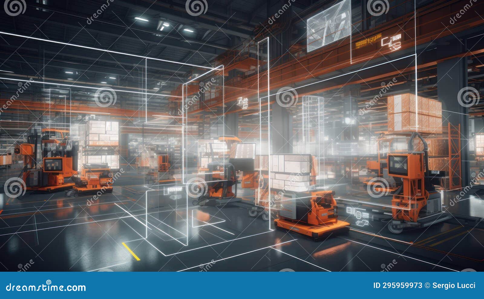 Futuristic Warehouse. Wires and Rows of Boxes. Modern Technology ...