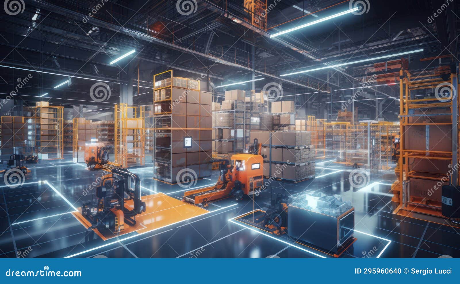 Futuristic Warehouse. Wires and Rows of Boxes. Modern Technology ...