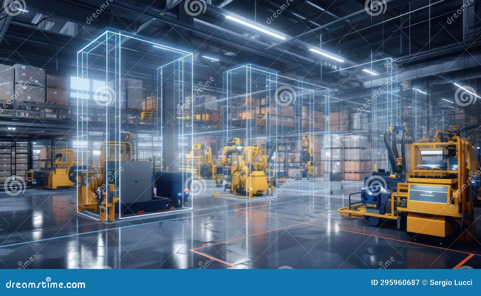 Futuristic Warehouse. Wires and Rows of Boxes. Modern Technology ...