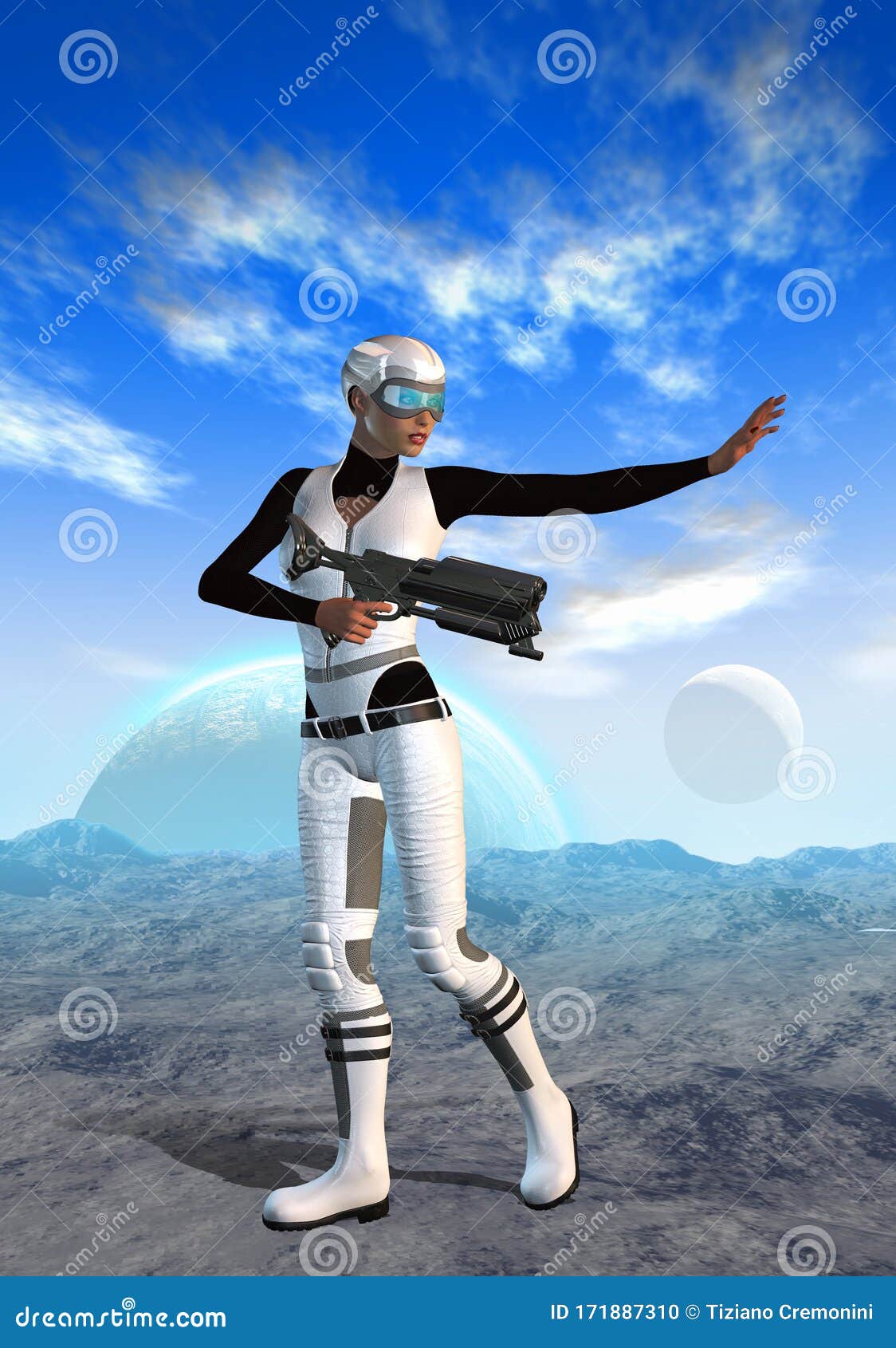 Futuristic Warrior Woman Exploring a Alien Planet with Two Moons, 3d ...