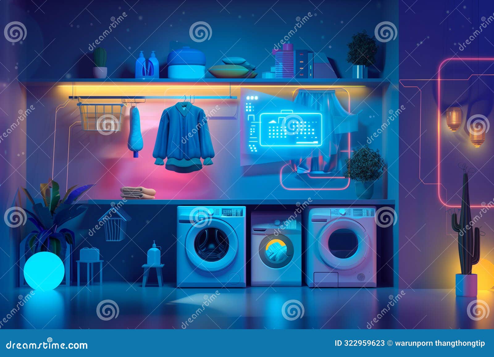 Futuristic Washing Machine in Laundry Room with and Holographic ...