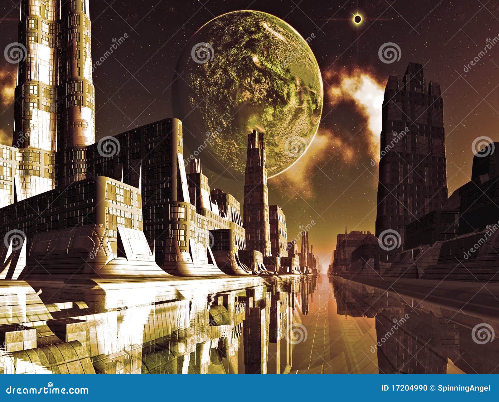 Futuristic Water City from Canal Stock Illustration - Illustration of ...