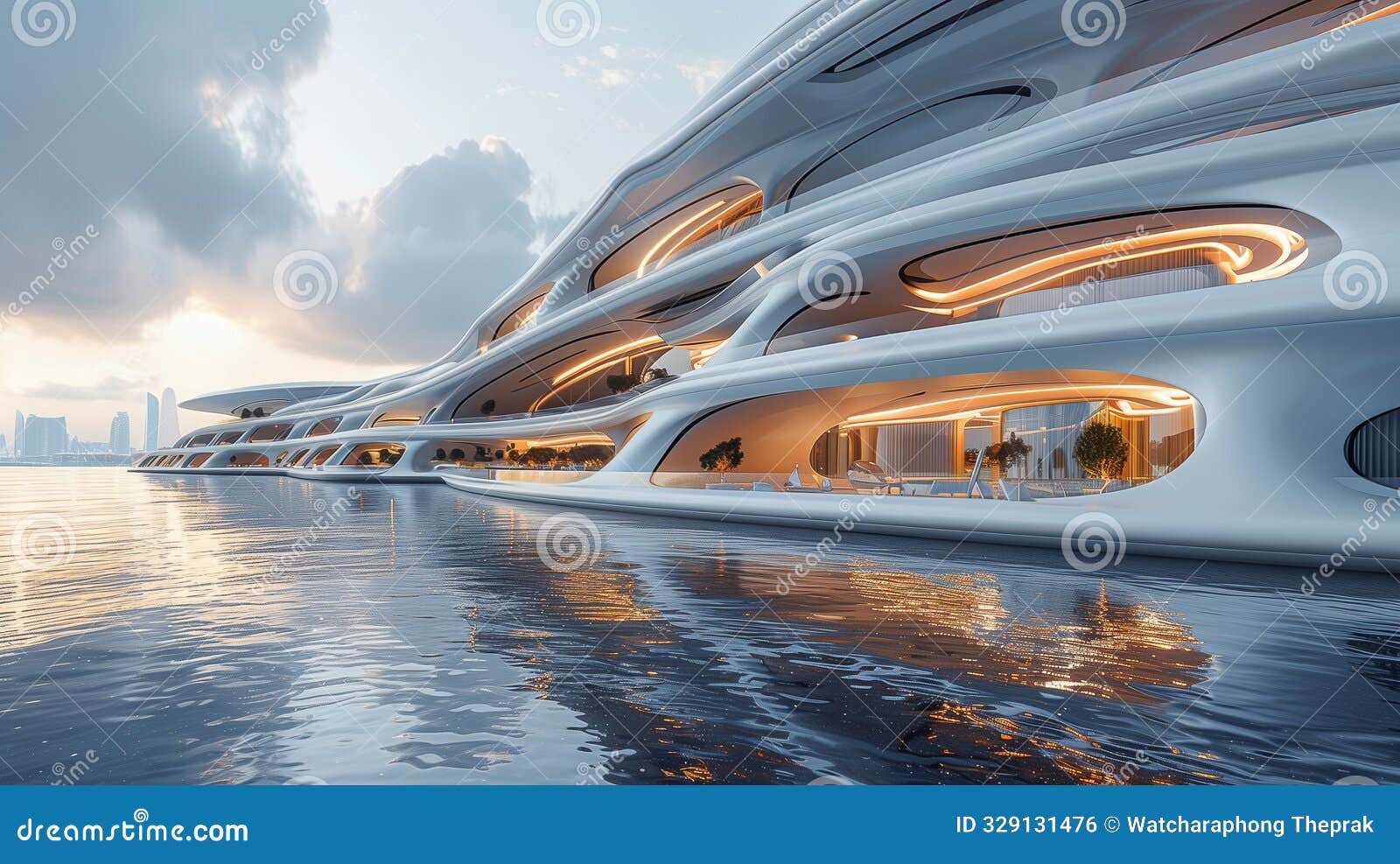 Futuristic Waterfront Architecture at Sunset Stock Illustration ...