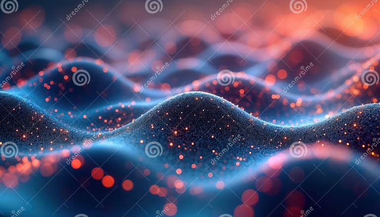 Futuristic Wavy Data Stream. Digital Neural Network Surface. Particles Flow, Connect. Abstract ...