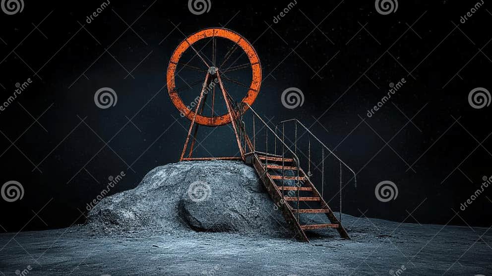 Futuristic Wheel Structure on a Rocky Surface with Stairs Dark ...