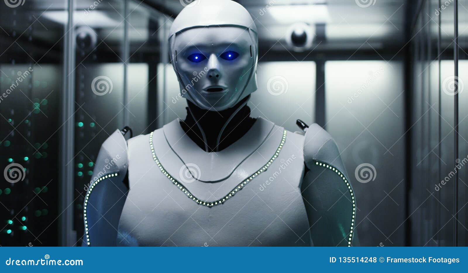 Futuristic White Android Robot in Server Room Stock Photo - Image of ...