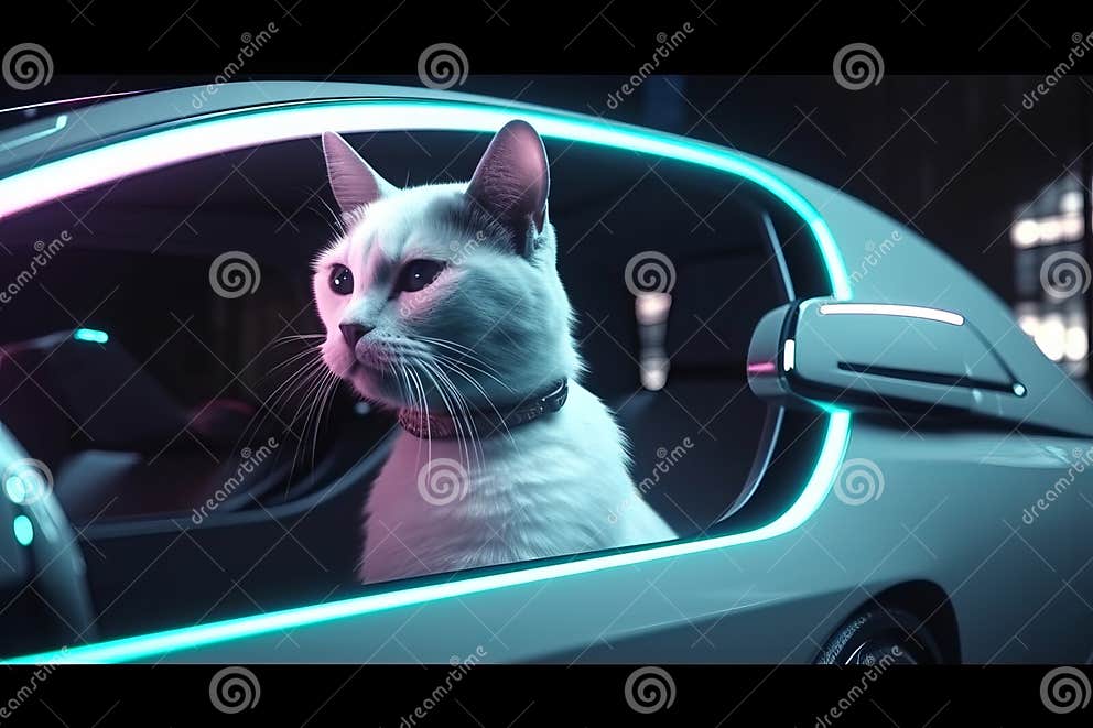 Futuristic White Cat Driver at Night, Stock Illustration - Illustration ...