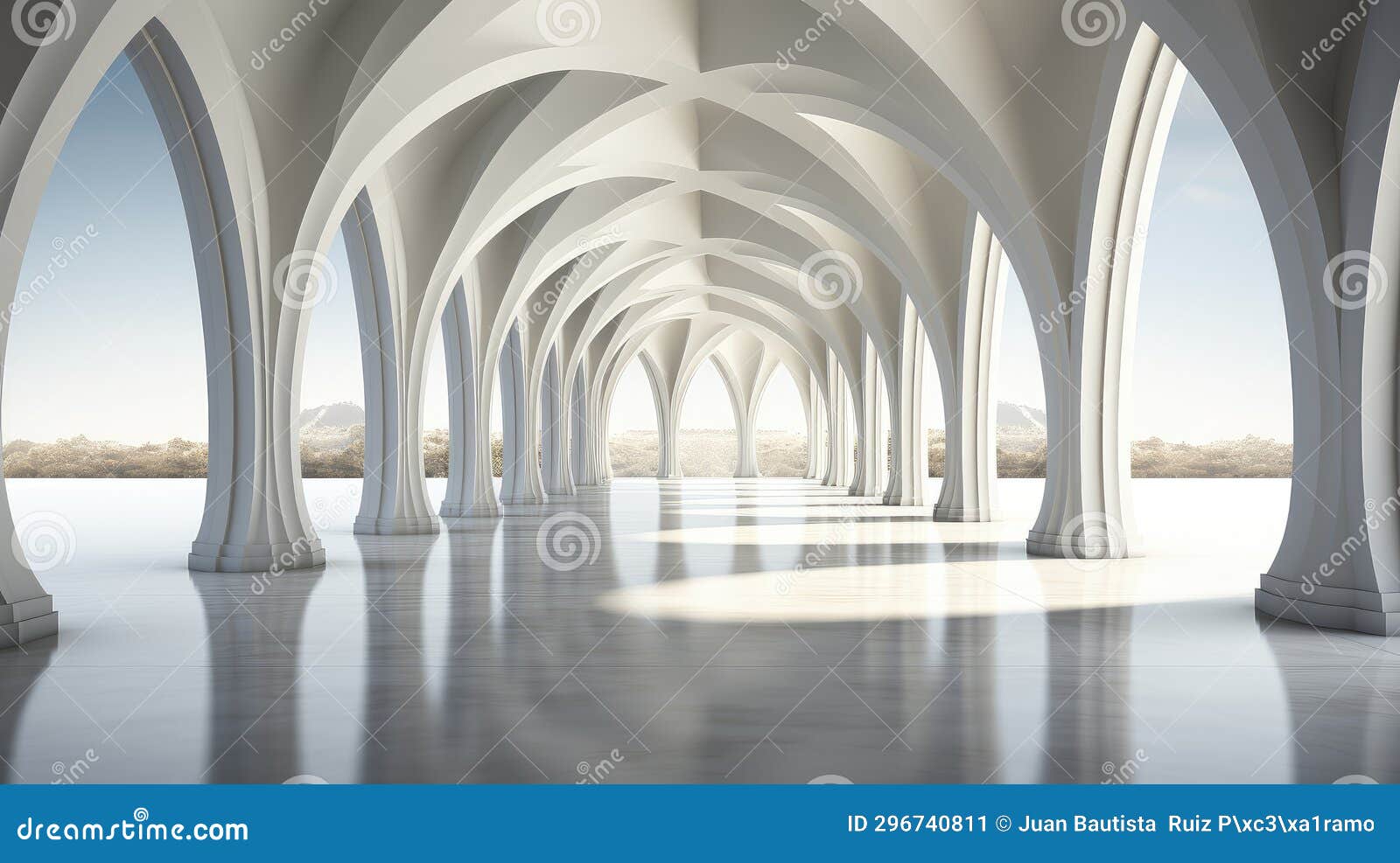 Futuristic White Corridor with Arches Reflecting on Glossy Floor ...