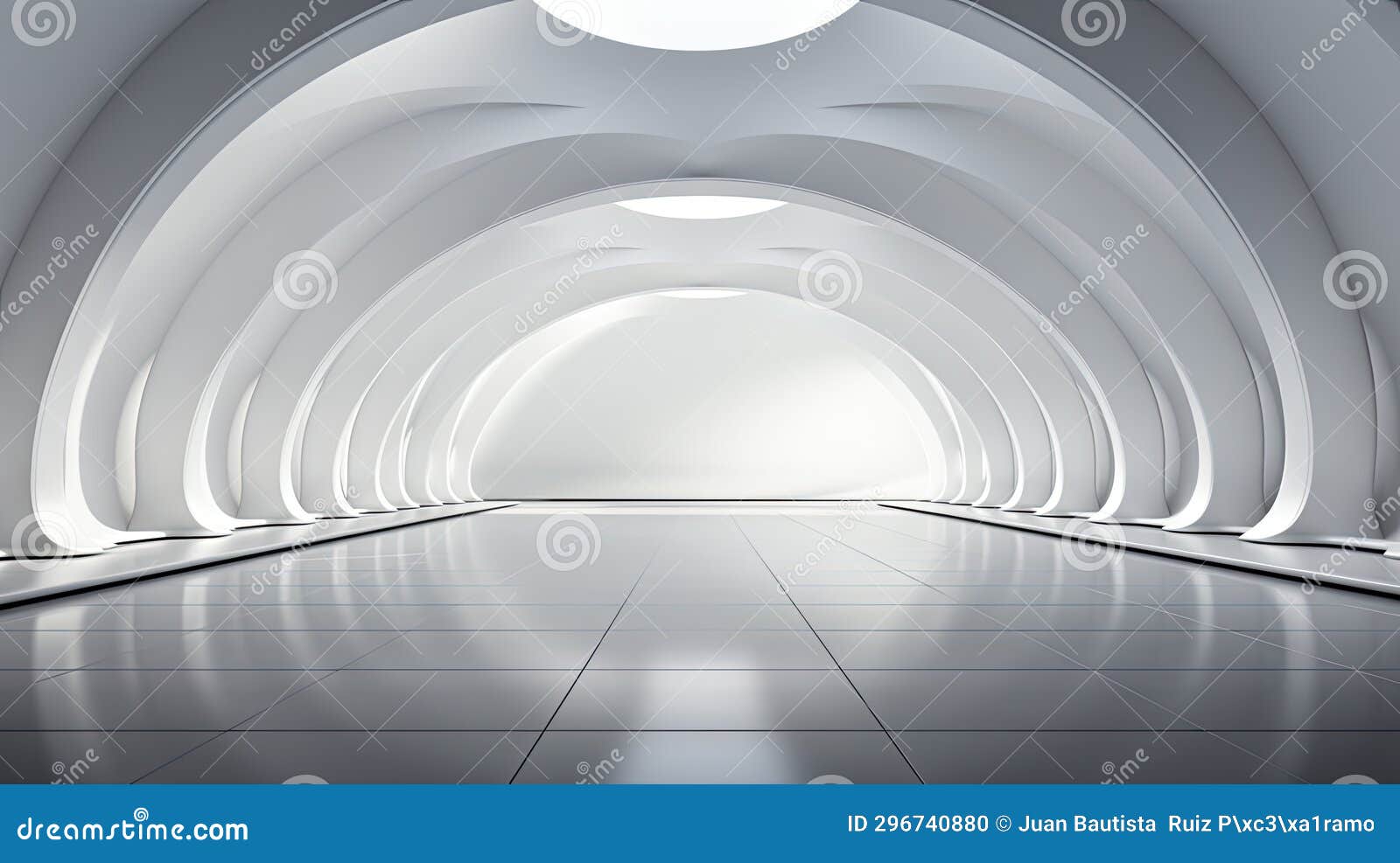 Futuristic White Corridor with Arches Reflecting on Glossy Floor ...