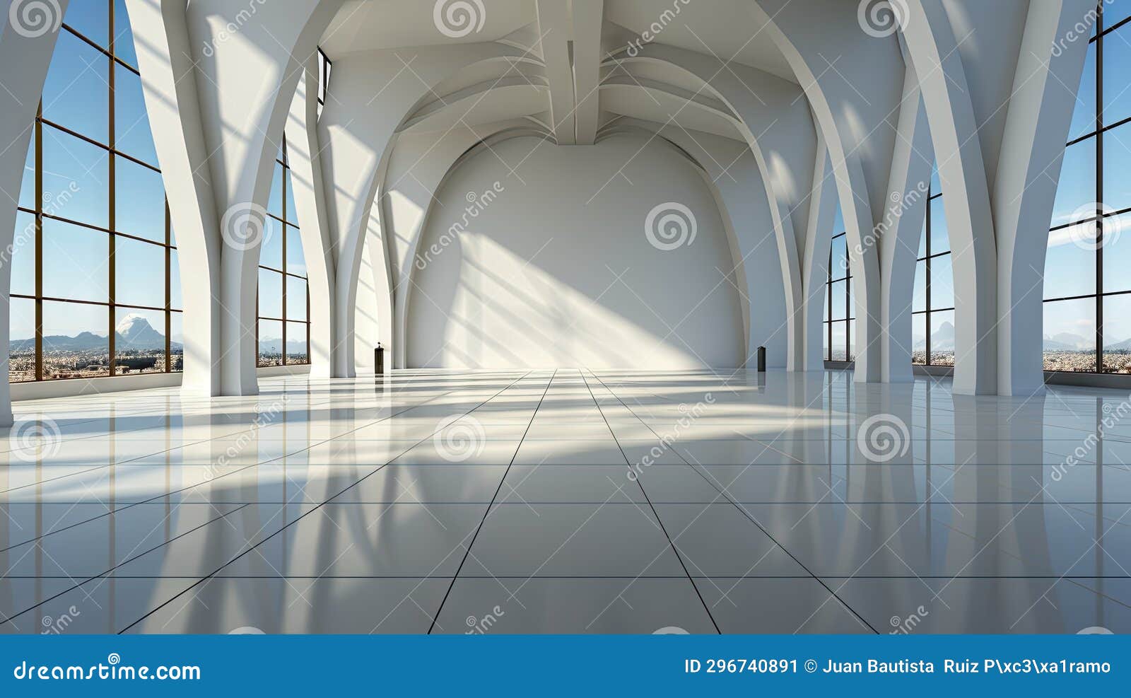 Futuristic White Corridor with Arches Reflecting on Glossy Floor ...