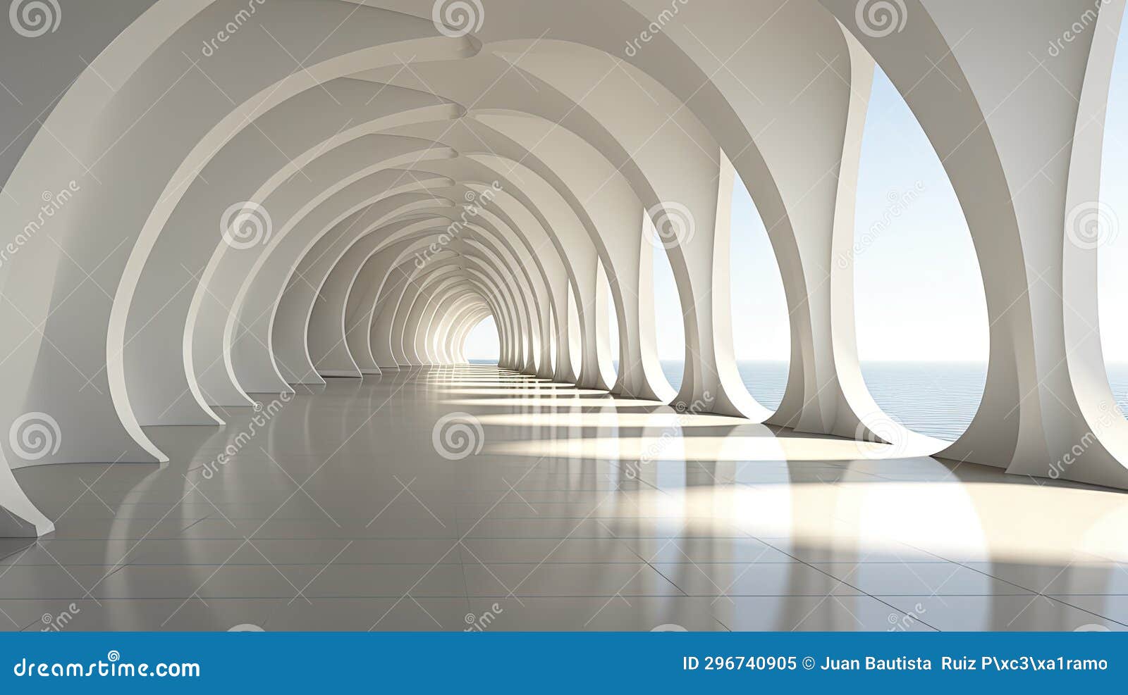 Futuristic White Corridor with Arches Reflecting on Glossy Floor ...