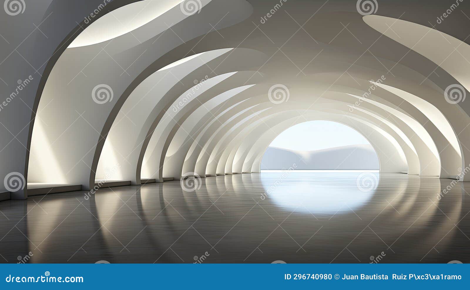 Futuristic White Corridor with Arches Reflecting on Glossy Floor ...