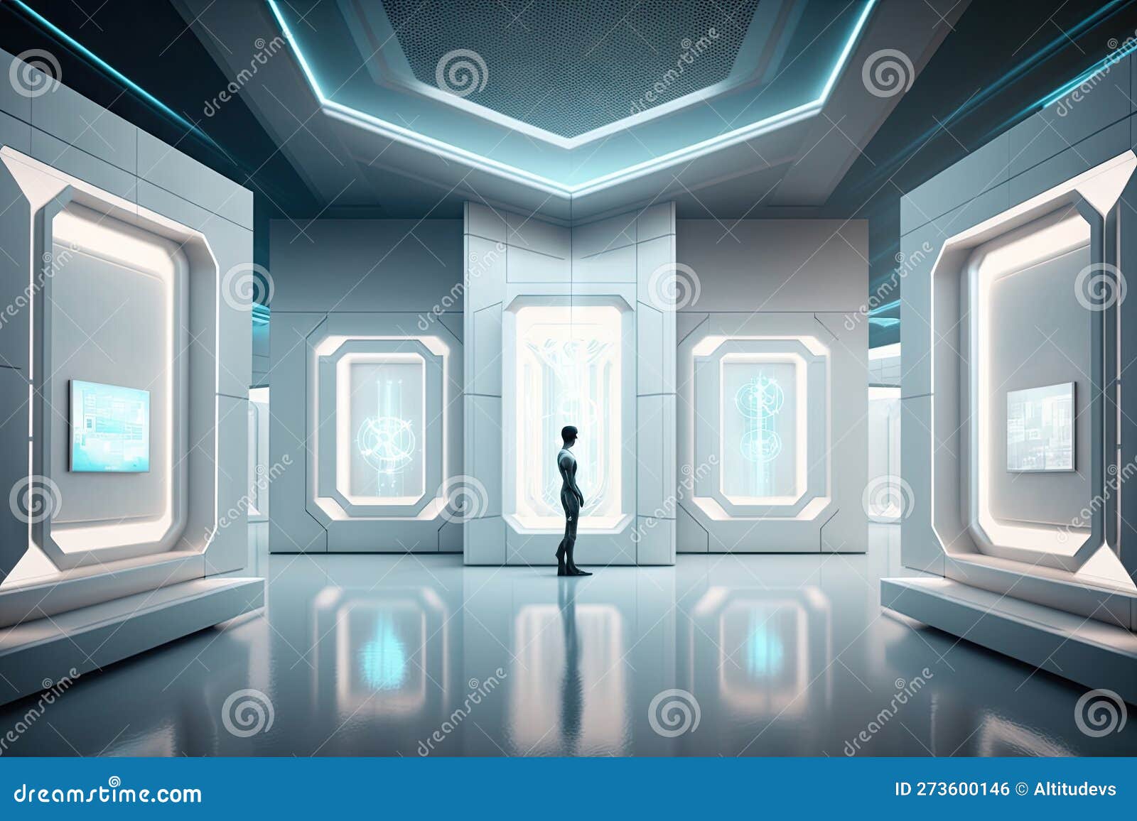 Futuristic White Hall with Floating Holographic Displays and ...