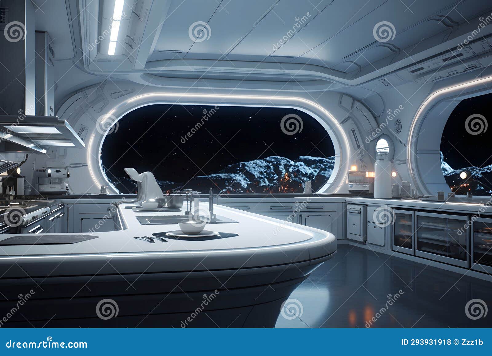 Futuristic White Moon Base Style Kitchen or Bar Interior, Neural ...