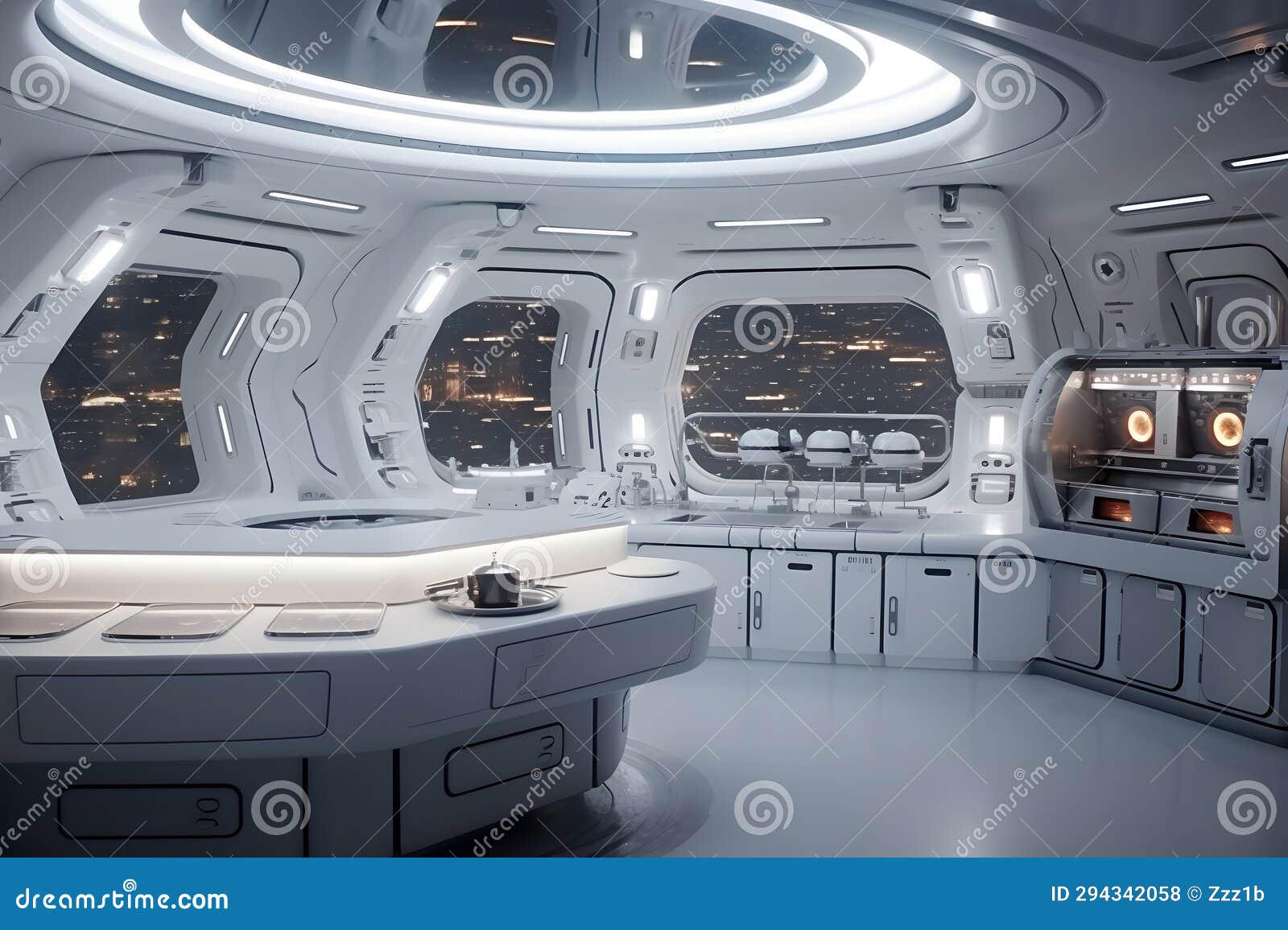 Futuristic White Moon Base Style Kitchen or Laboratory Interior, Neural ...