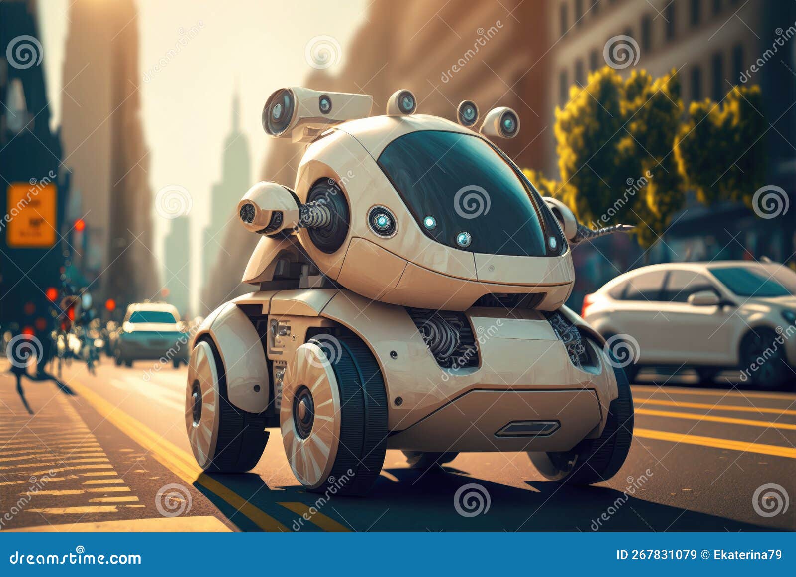 A Futuristic White Robot Car on the Road of a City of the Future ...