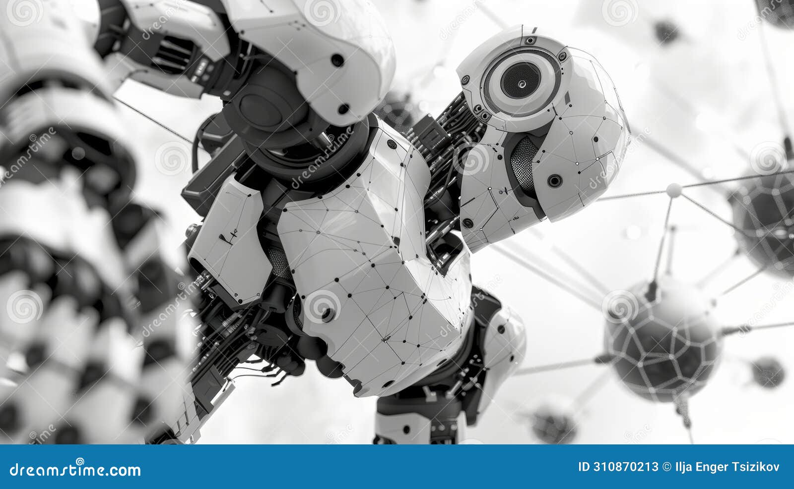 Futuristic White Robot Connecting in Digital Network with Dots and ...