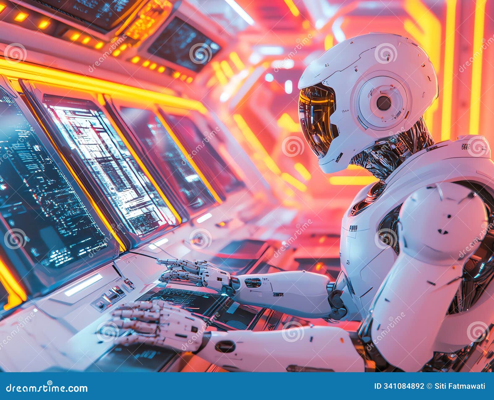 A Futuristic White Robot in a Control Room, Working on a Computer, with ...