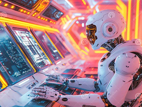 A Futuristic White Robot in a Control Room, Working on a Computer, with ...