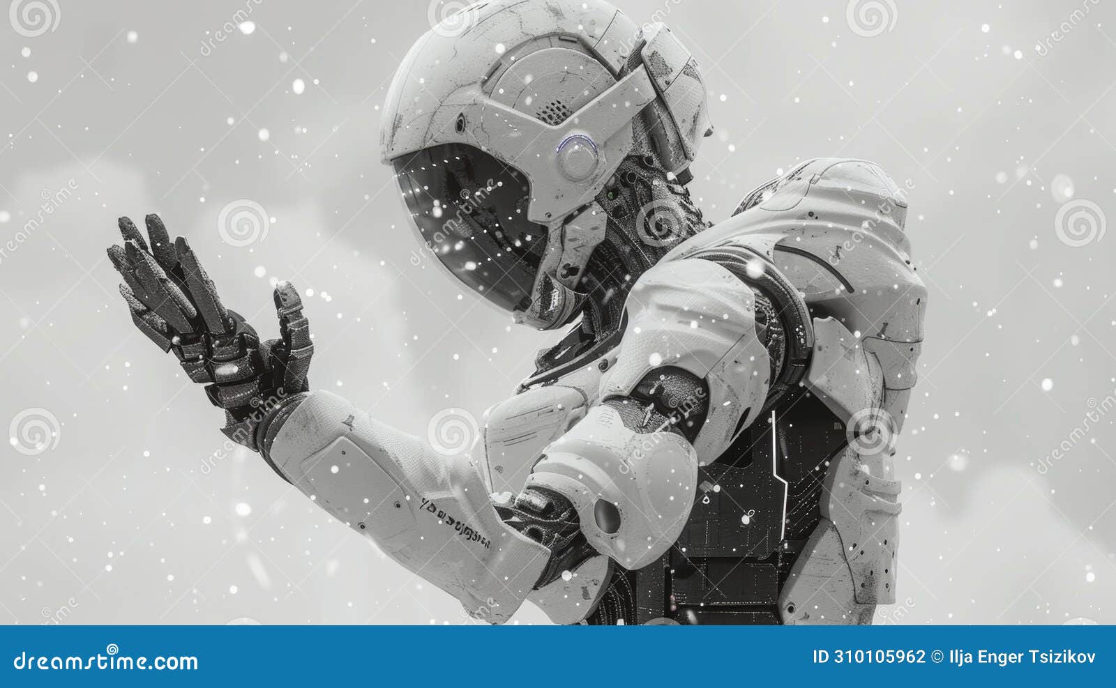 Futuristic White Robot in a Digital Network with Floating Dots and ...