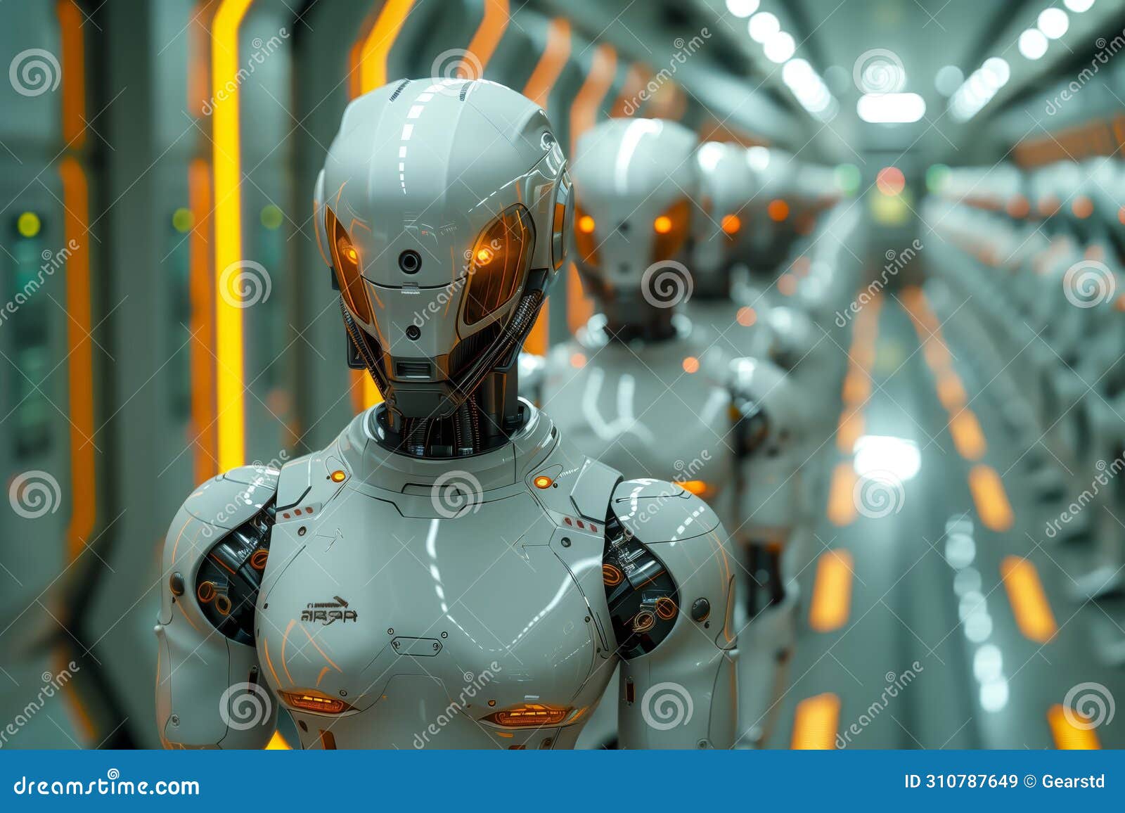 Futuristic White Robot in a Lined Formation Stock Image - Image of ...
