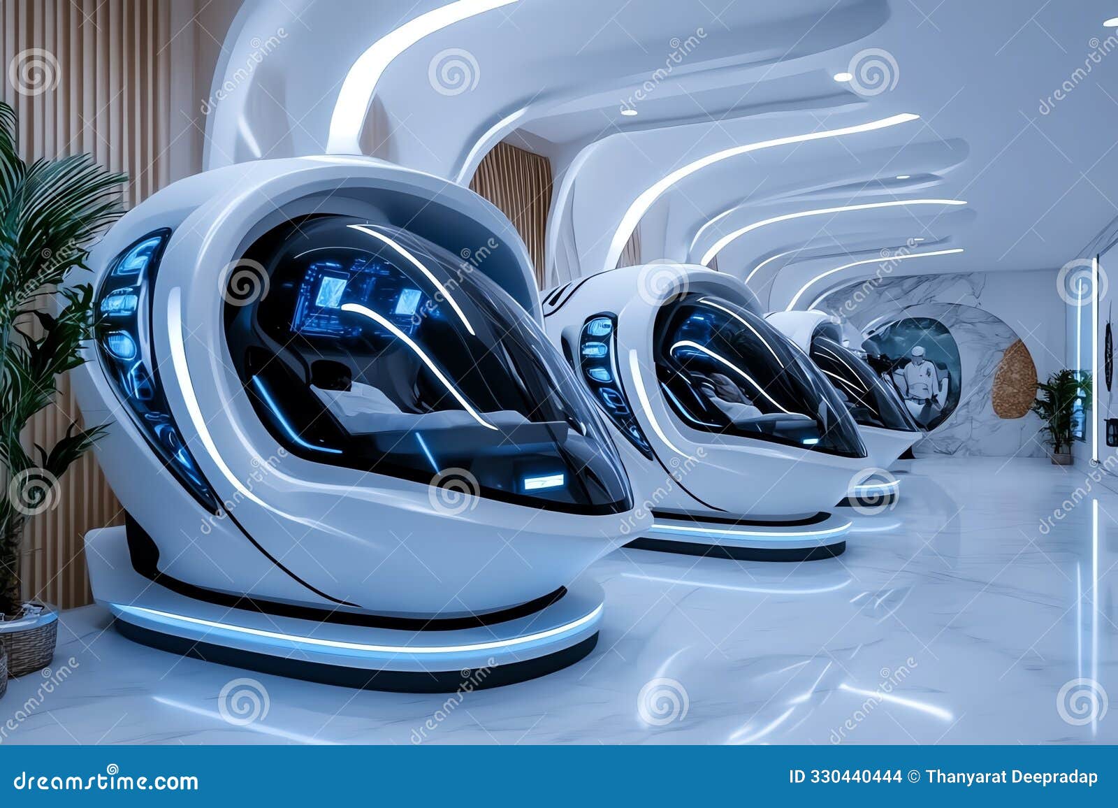 Futuristic White Sleeping Pods Lined Up in a Modern, High-tech Facility ...
