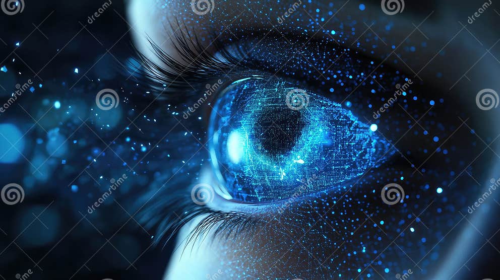 Futuristic Wireframe Eye Technology with Spheres of Flying Debris and ...