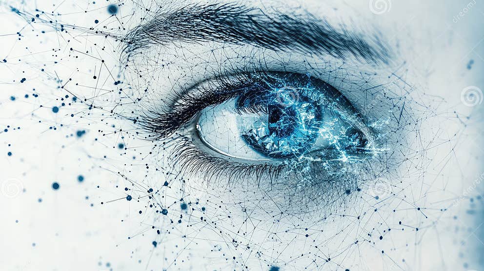 Futuristic Wireframe Eye Technology with Spheres of Flying Debris and ...