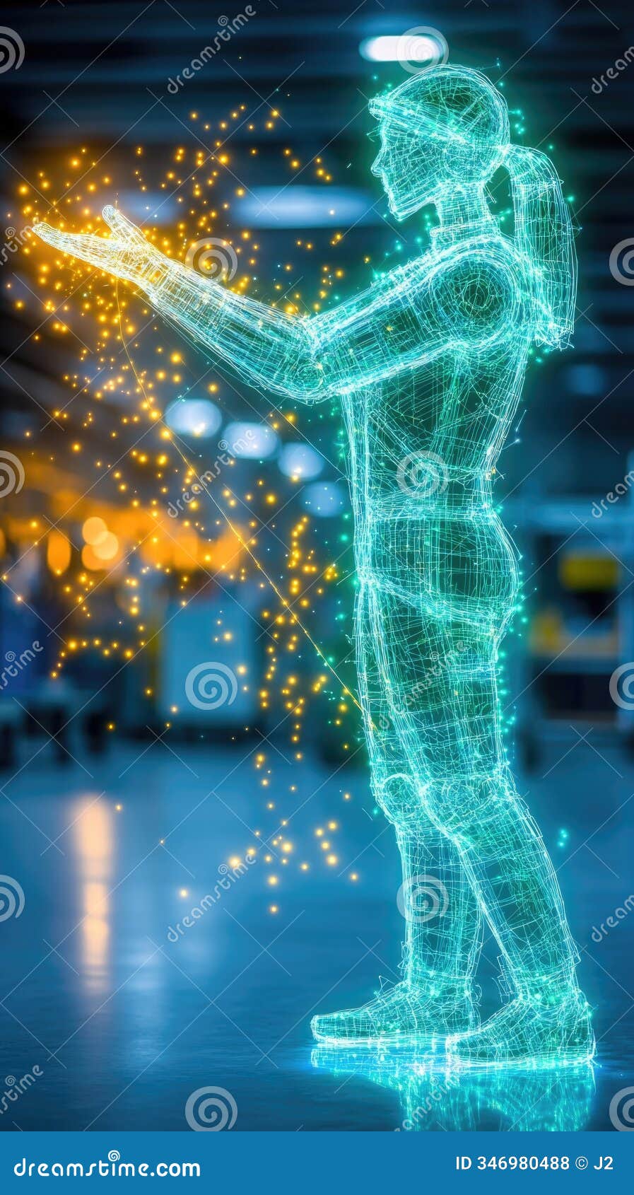 Futuristic Wireframe Figure with Glowing Elements in Industrial Setting ...