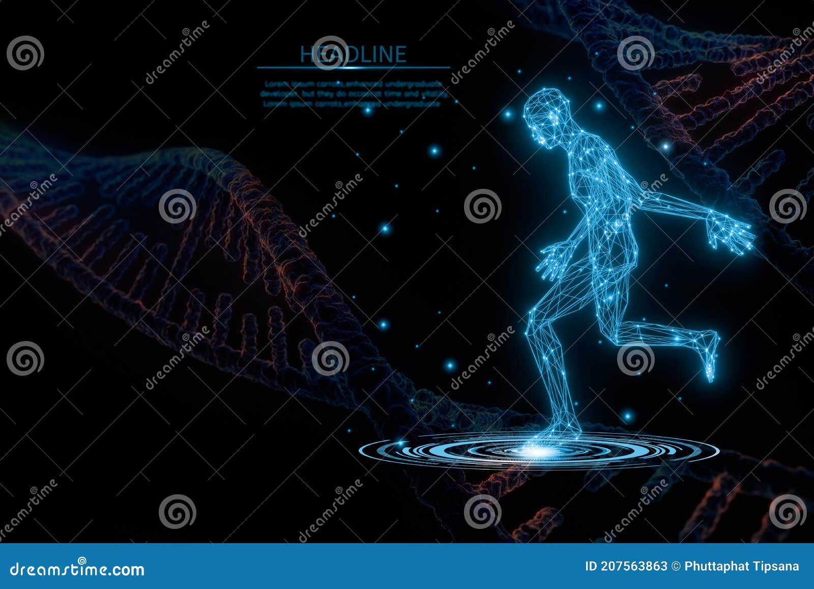 Futuristic Wireframe Human Body Active and DNA,3D Render Illustration ...