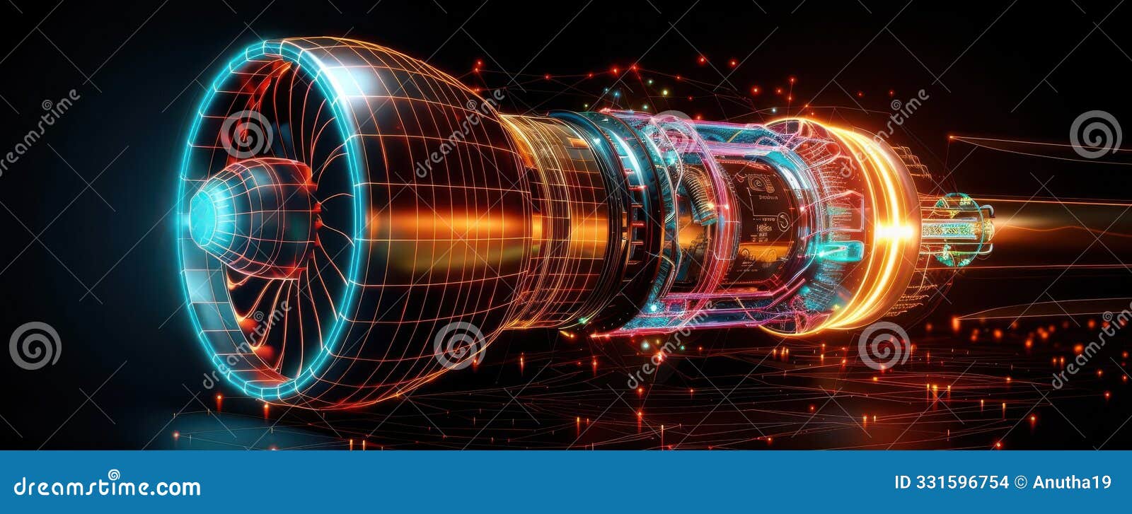 Futuristic Wireframe Jet Engine Design, Glowing Outlines, Dark Backdrop ...