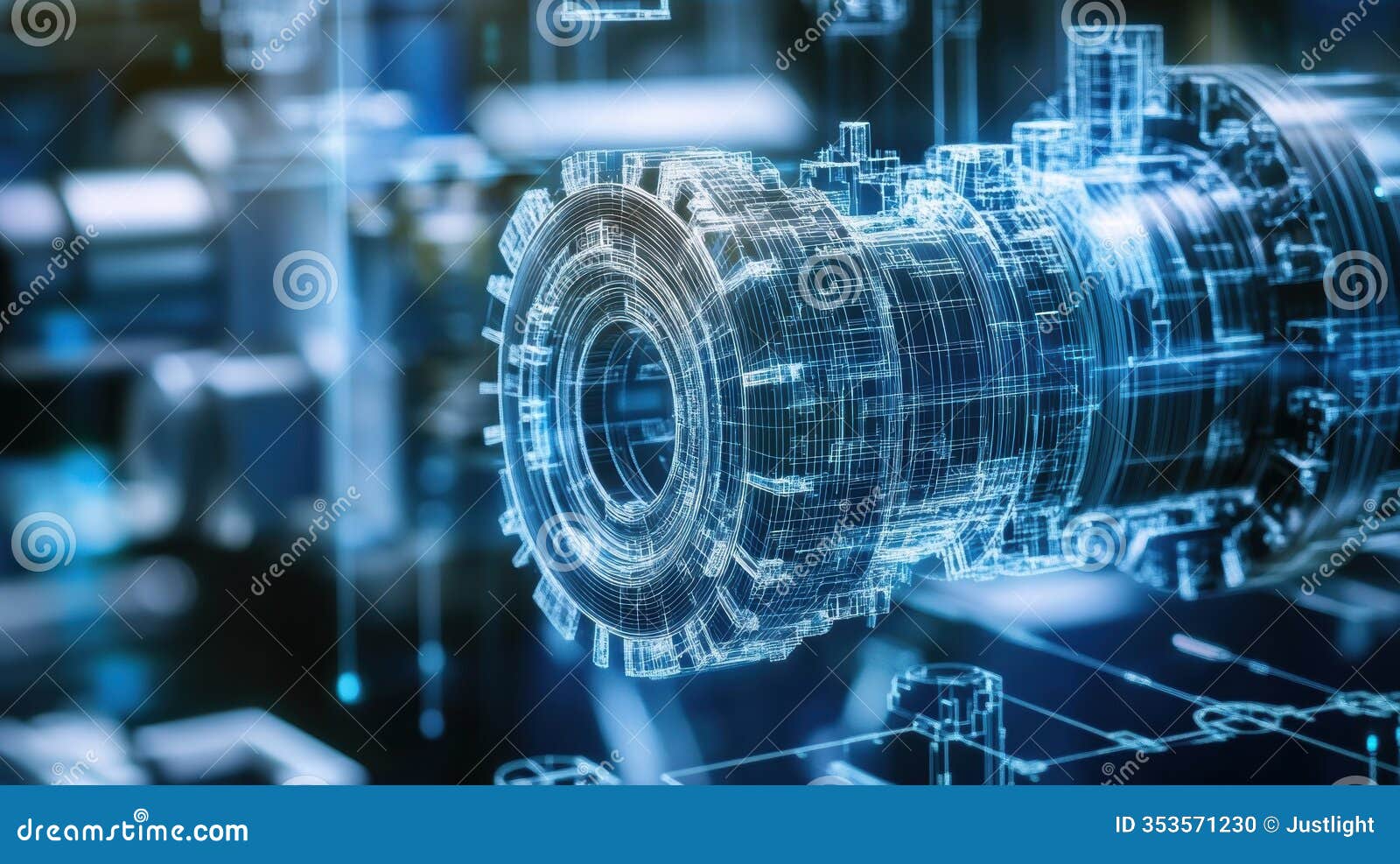 Futuristic Wireframe Model of a Turbine Rotating in a Manufacturing ...