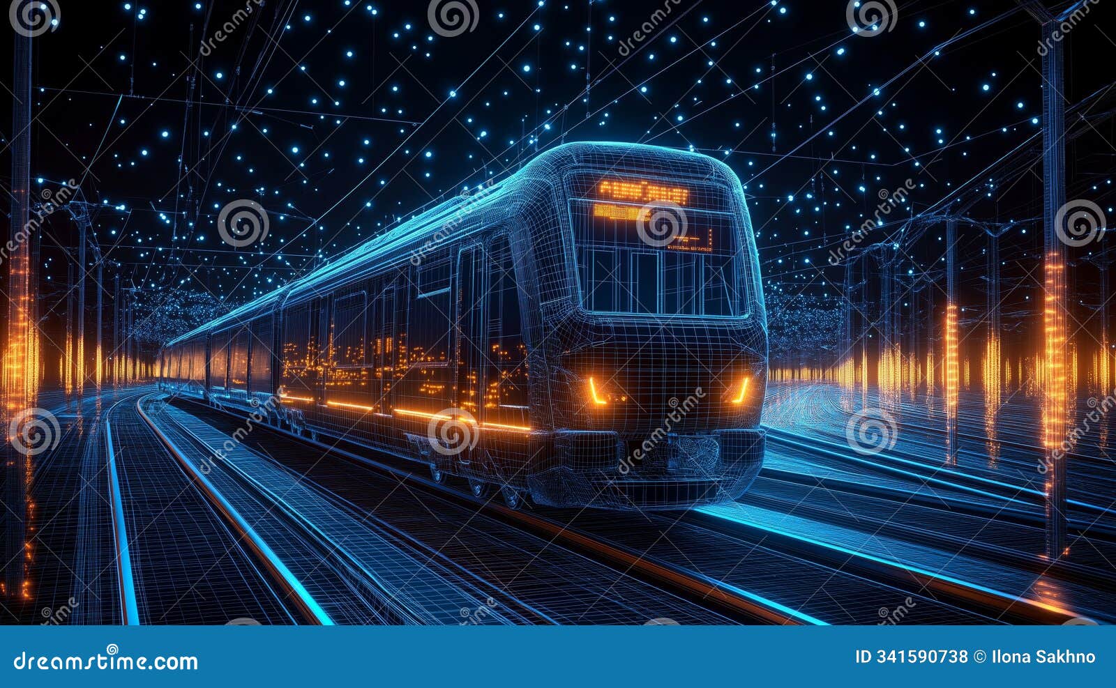 Futuristic Wireframe Train in a Digital Grid Environment Stock ...