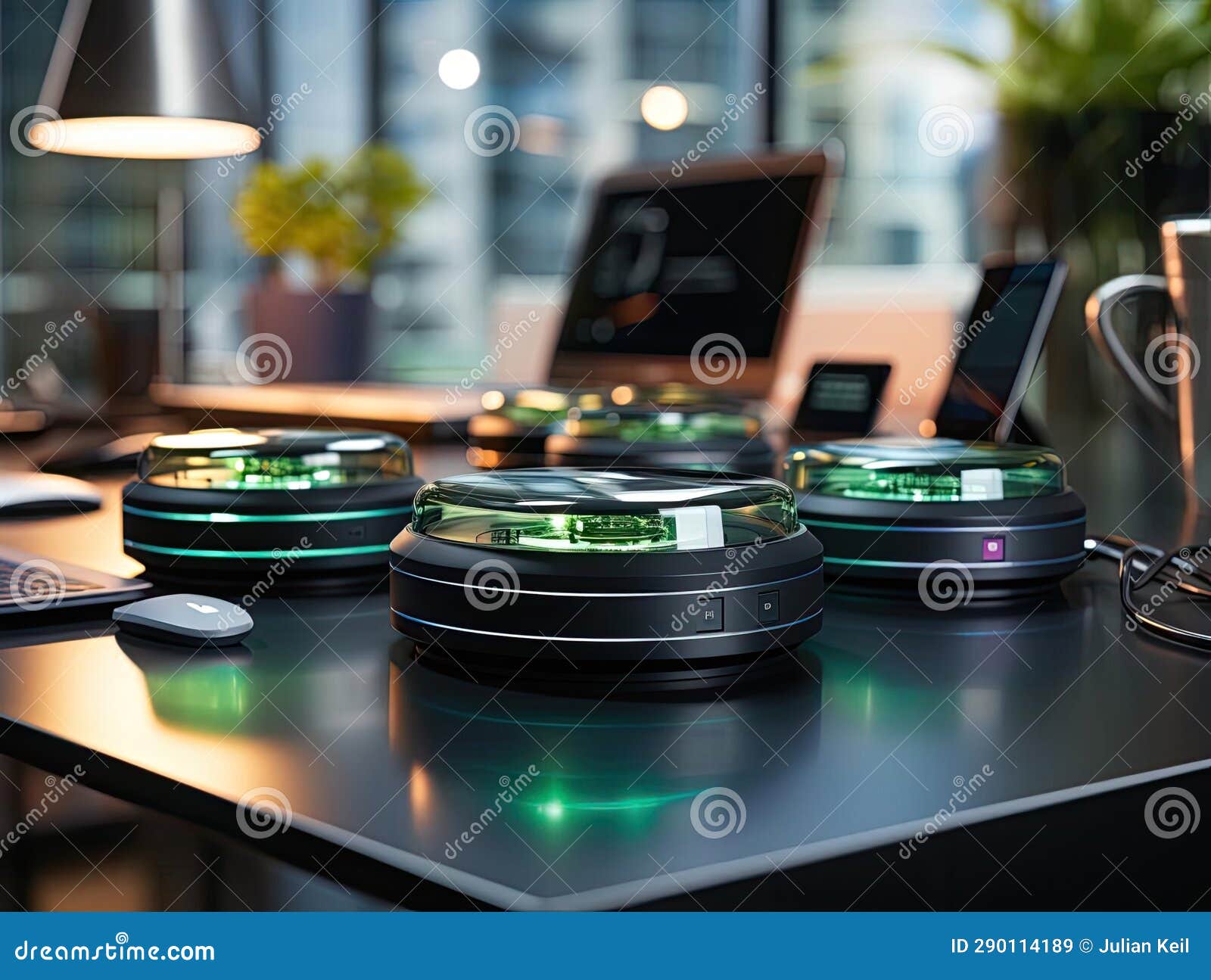 Futuristic Wireless Charging Devices Embedded in Office Tabletop Stock ...