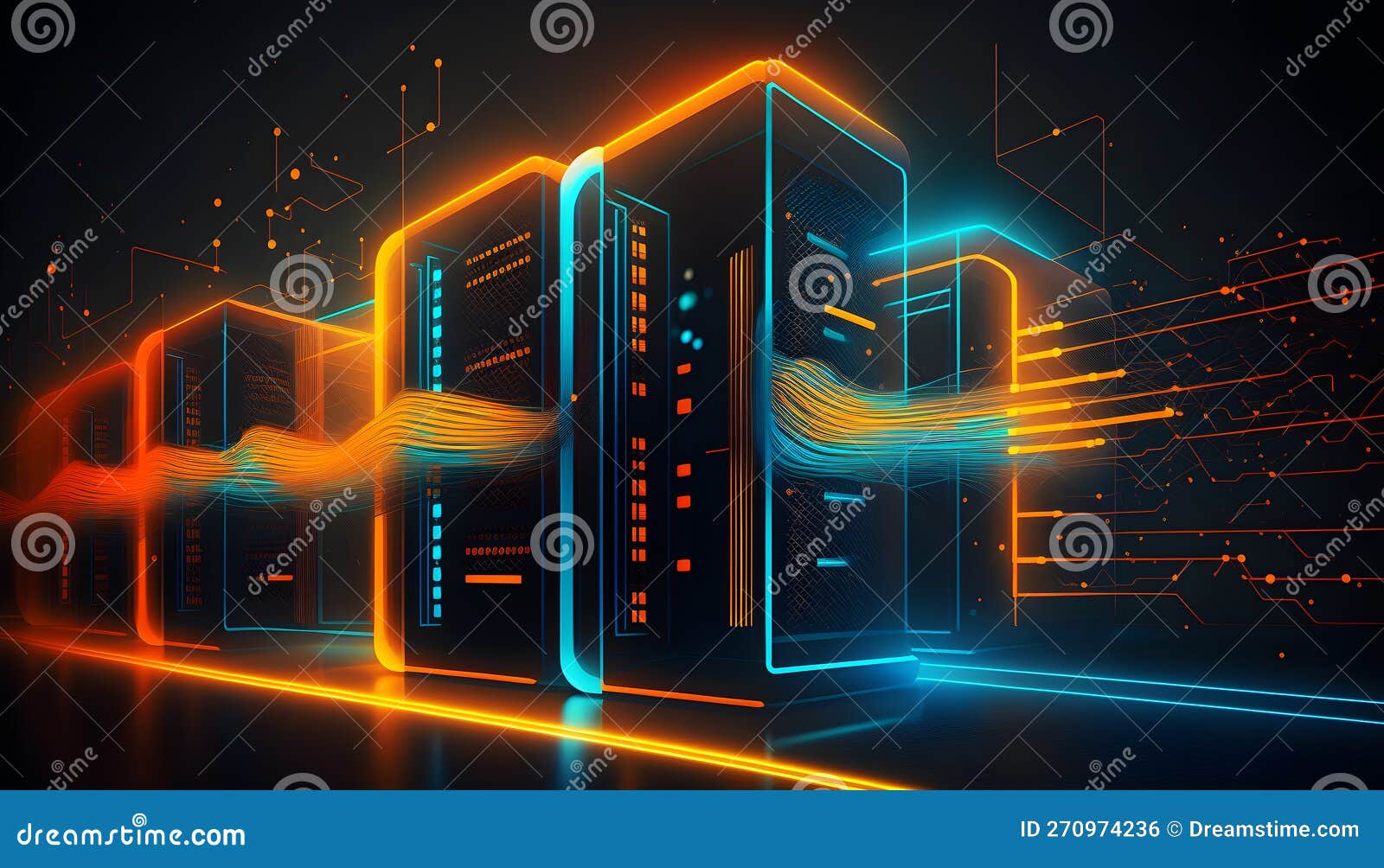 Futuristic Working Data Center with Row of Rack Servers, Illustration ... Futuristic Working Data Center with Row of Rack Servers, Illustration ...
