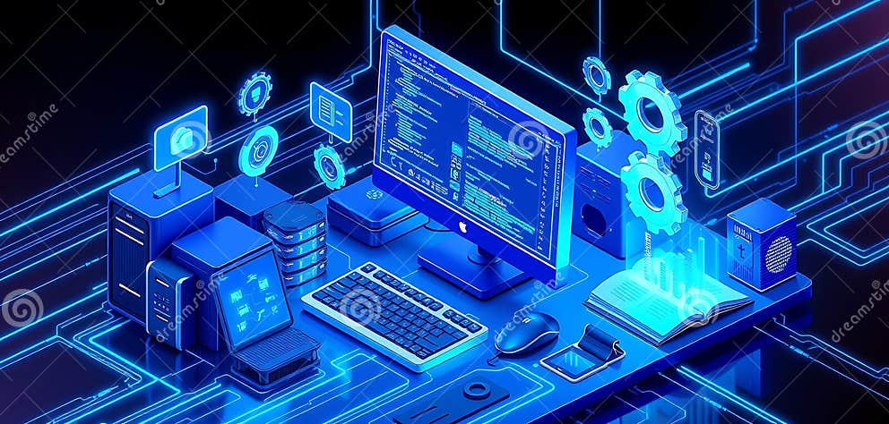 A Futuristic Workspace Displaying High-tech Computers, Coding, and ...