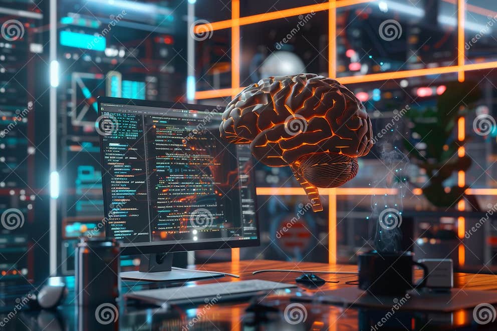 A Futuristic Workspace with a Glowing Brain Hovering Above a Computer ...