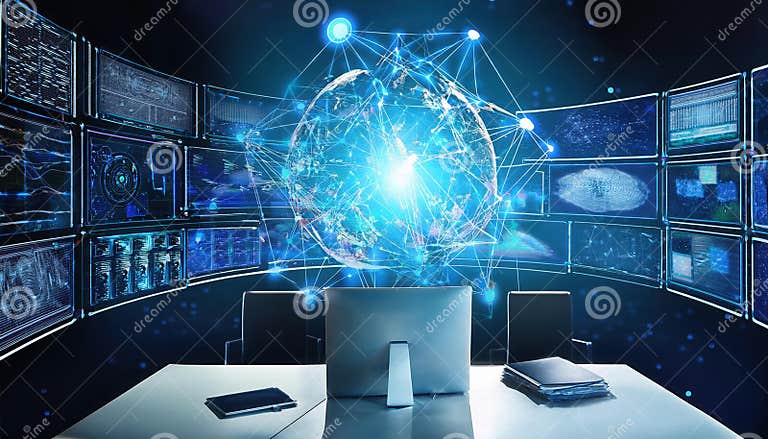 Futuristic Workspace with Glowing Neural Network and Data Streams ...