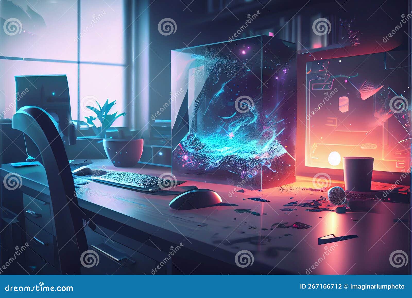 Futuristic Workspace With Glowing Screen Stock Illustration ...
