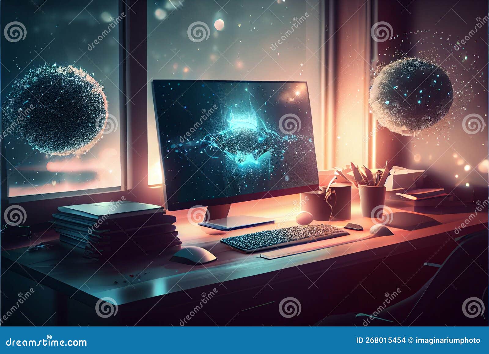 Futuristic Workspace with Hologram Computer Stock Illustration ...