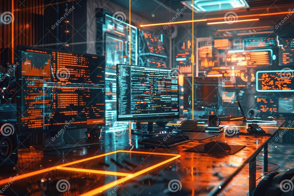 Futuristic Workstation with Neon Lights and Computer Screens Displaying ...
