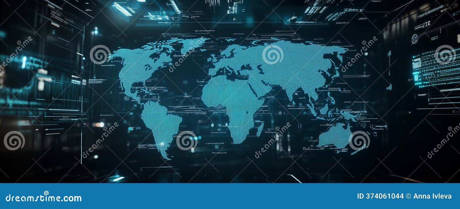 Futuristic World Map Illustration Image With Bright Neon Lines ...