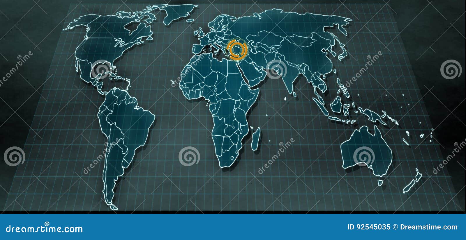 Futuristic World Map in Digital Display with Highlight on Turkey Stock ...