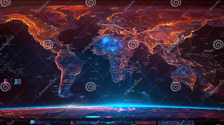 A Futuristic World Map Displaying Data Visualizations with Glowing ...