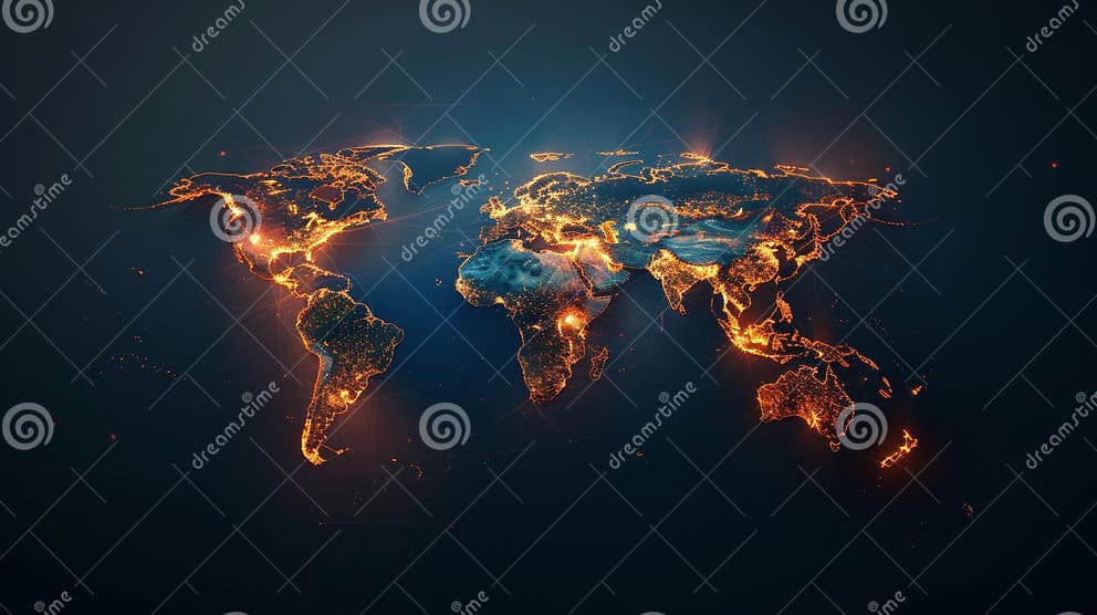 Futuristic World Map Illuminated on Dark Background Symbolizing ...