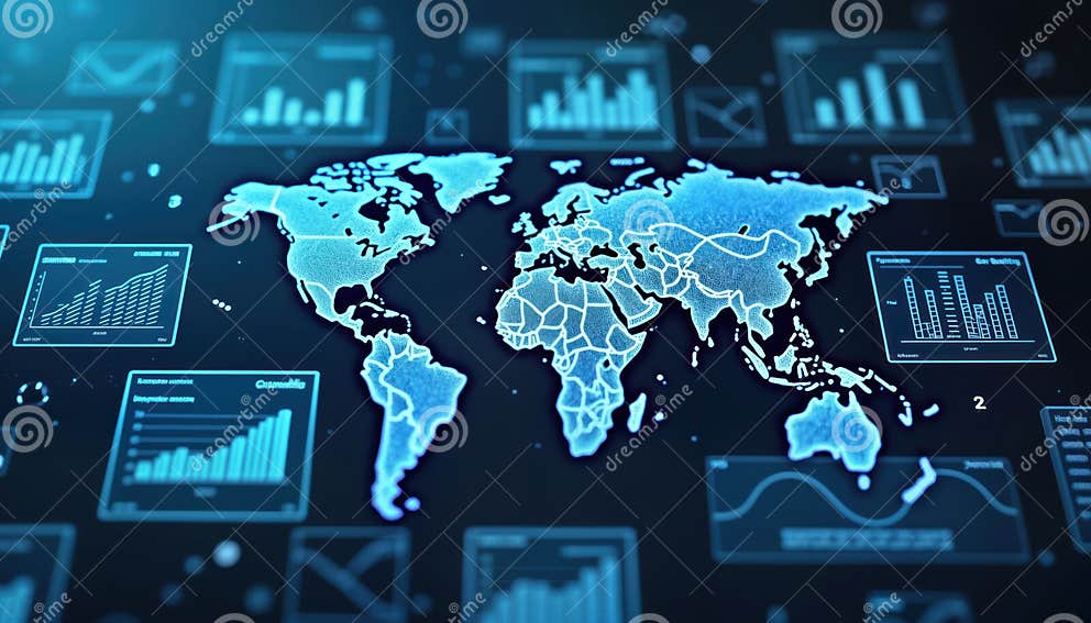 Futuristic World Map Interface Displays Data Analysis. Global ...