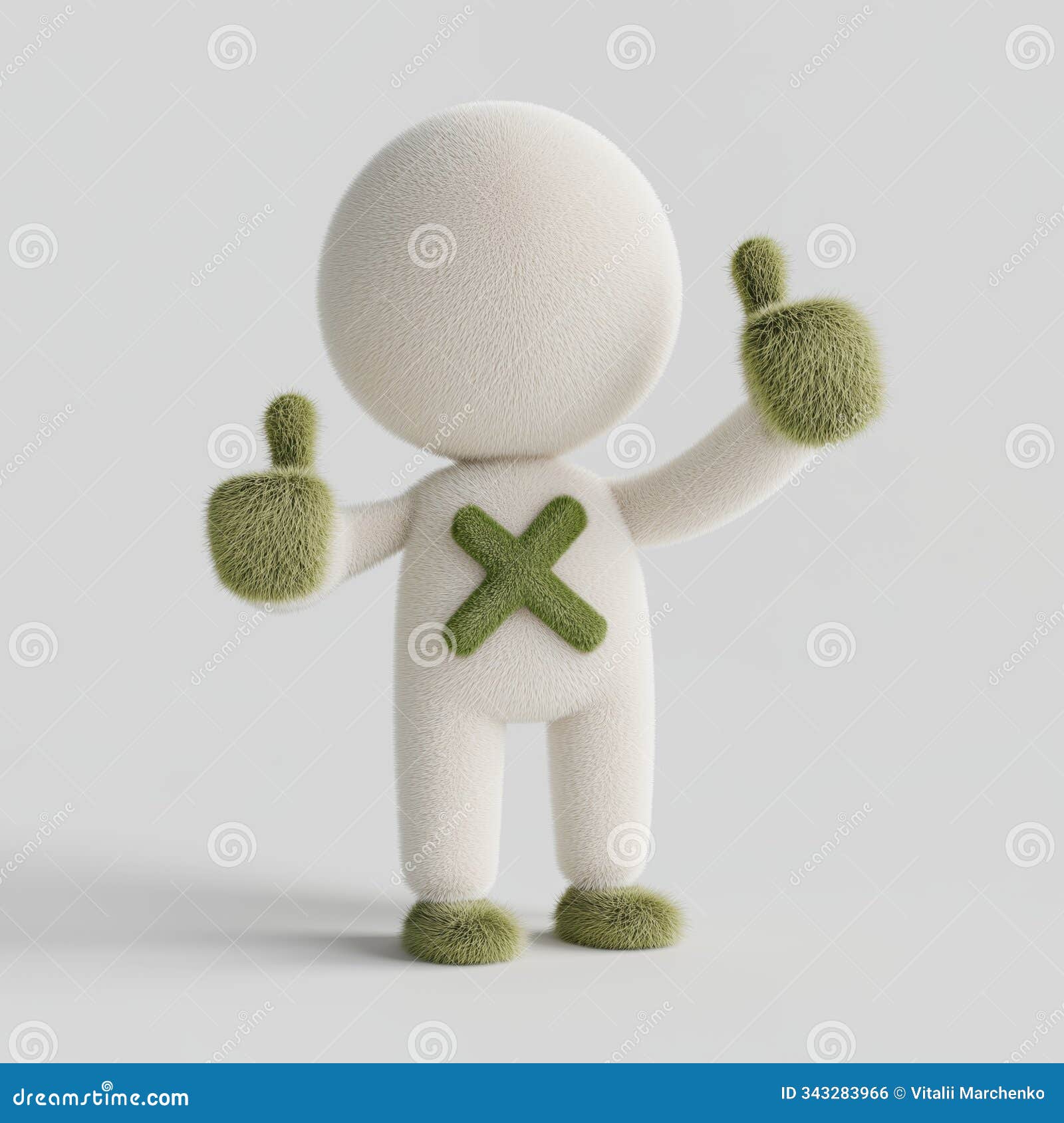 Fuzzy Character with Green Thumbs and Cross Symbol on Light Background ...