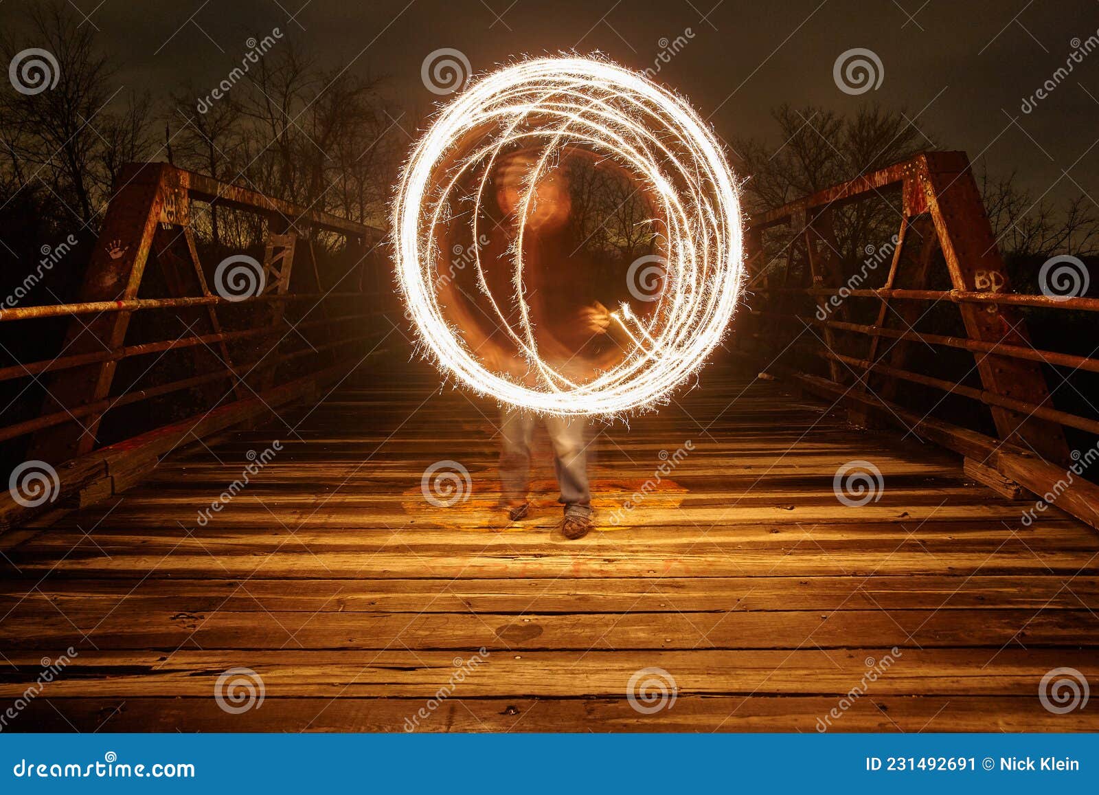 Fuzzy White Sphere of Light on a Metal Bridge at Night Stock Image ...