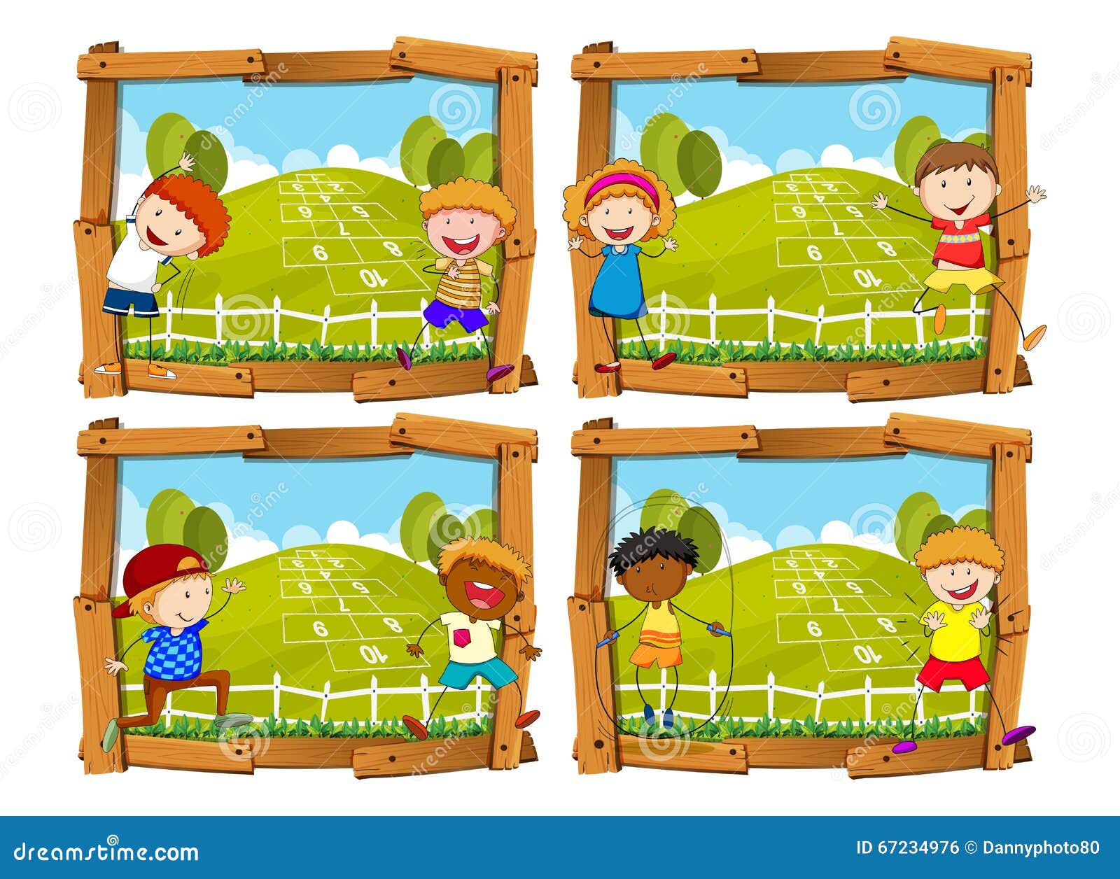 Fyra Ramar Med Barn Och Hoppa Hage Stock Illustrationer - Illustration ...
